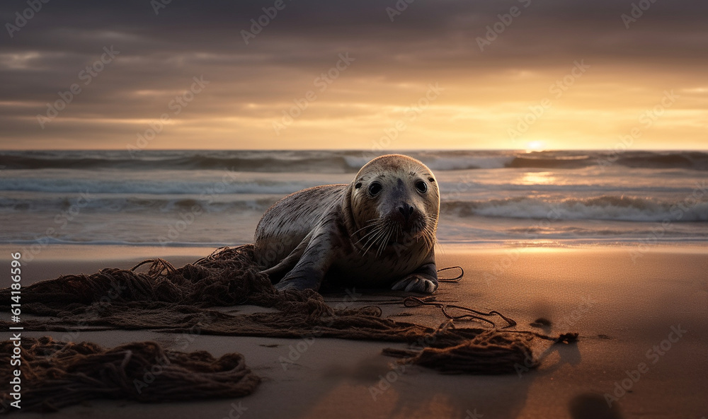 A Grey Seal stranded at a Beach, tragically caught in a section of ...
