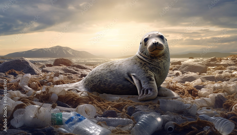A Grey Seal stranded at a Beach, tragically caught in a section of ...