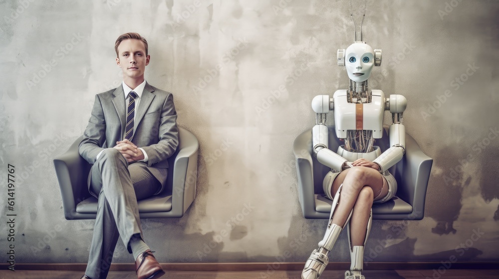 Office staff man and woman variety and humanoid robot sit and waiting ...