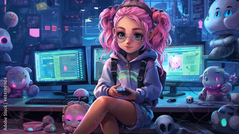 a cartoon girl sitting in front of computer screens. Generative AI Art ...