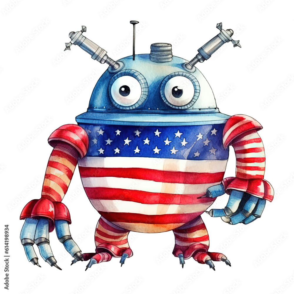 Cute Red White Blue Patriotic Monster Robot usa flag Png Clipart, Robot ...