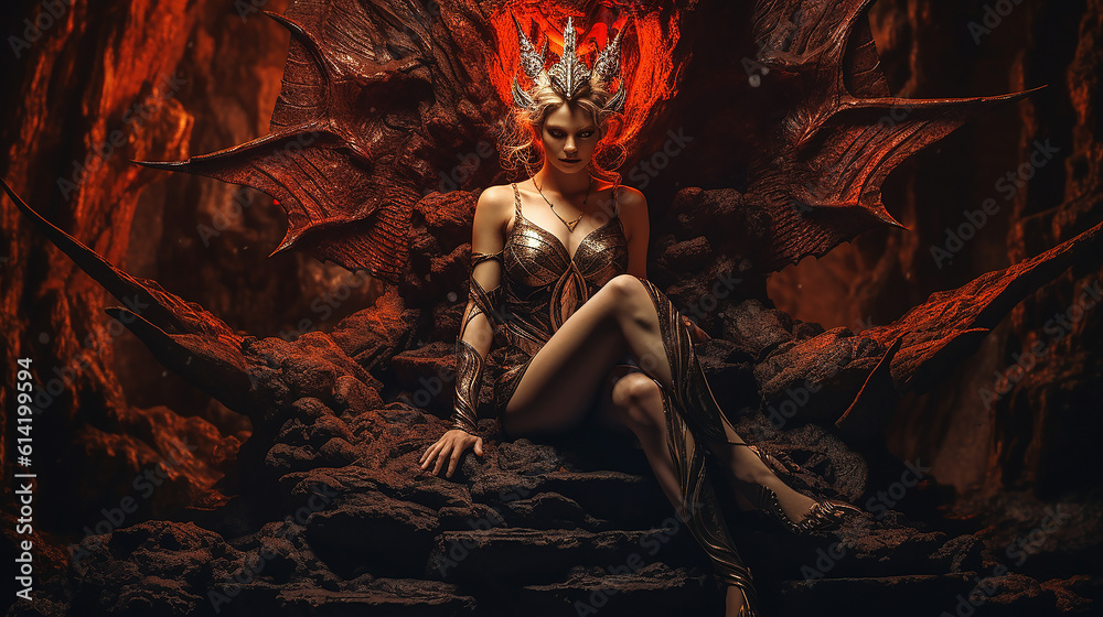 Generative AI. An exquisitely attractive and intricately adorned female devil seated upon the ...
