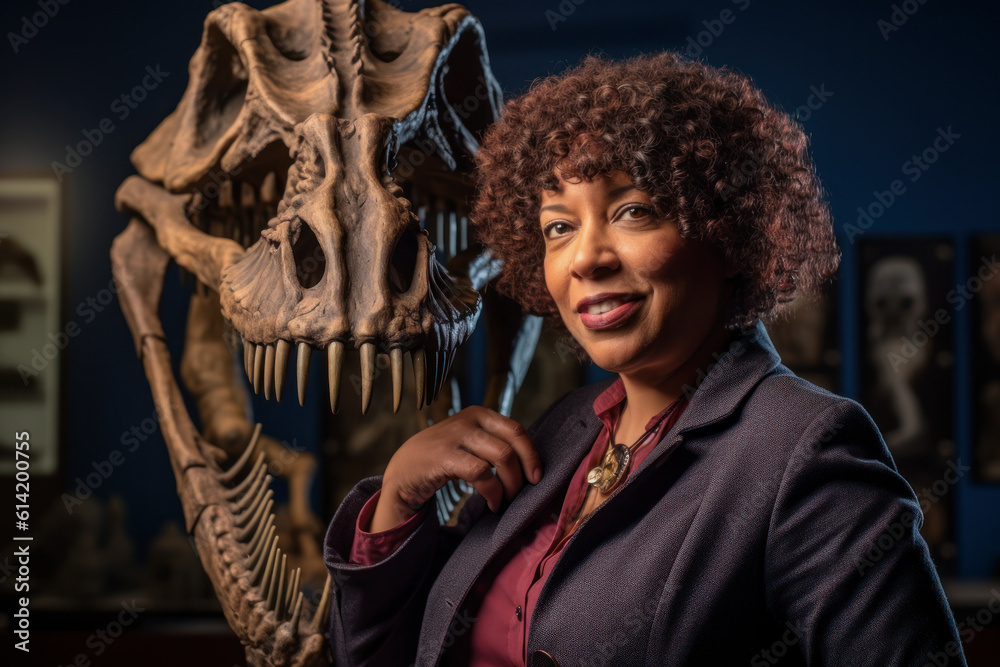 African American paleontologist woman in front of a dinosaur skull ...