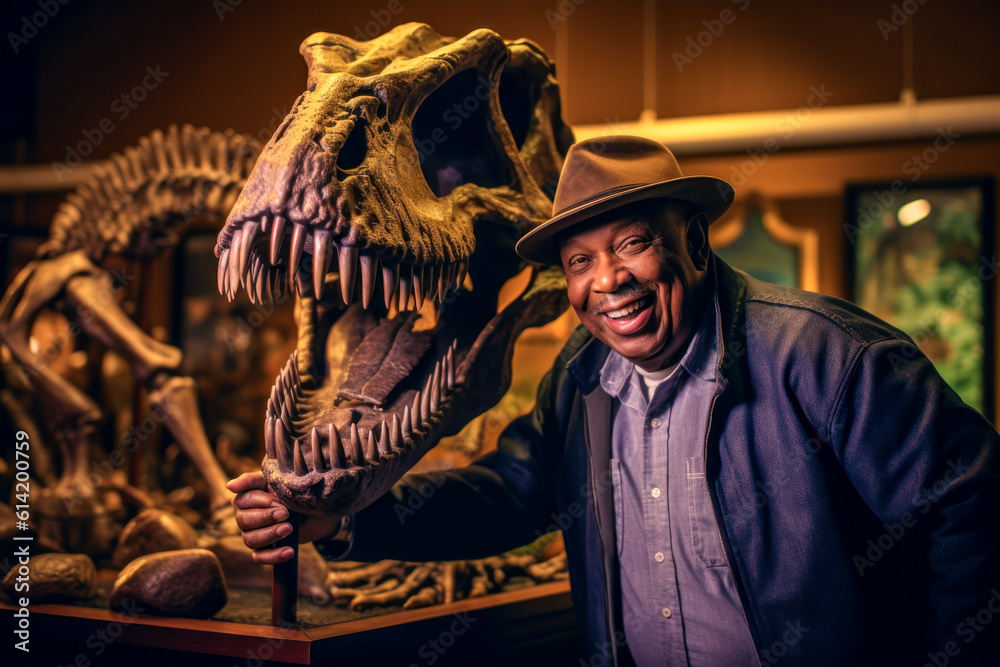 African American paleontologist man posing next to a dinosaur skeleton ...
