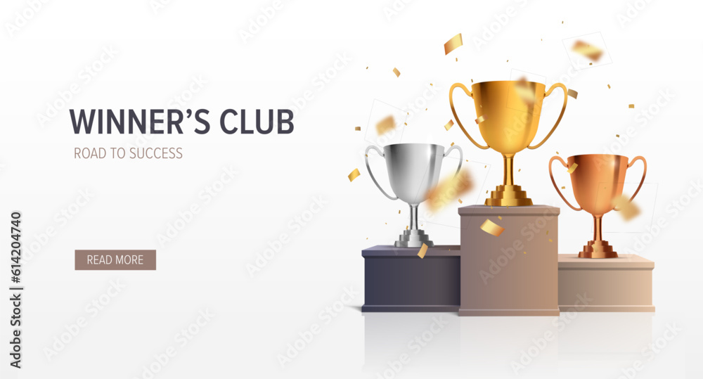 Winners club banner. Podium with trophy cups. Vector award nomination ...