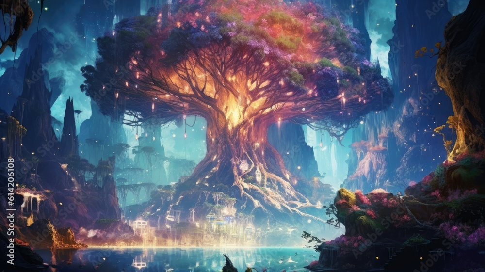 Beautiful illustration of a huge mystical tree in a fantasy world ...