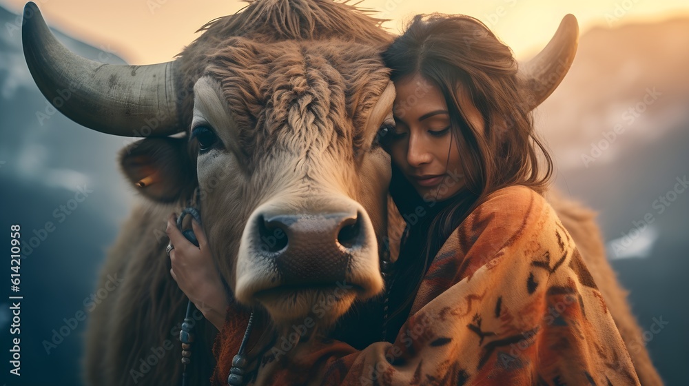 Beautiful Asian woman with traditional clothes hugging, caring a bull ...