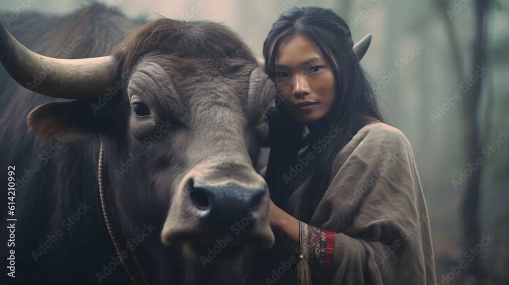 Beautiful Asian woman with traditional clothes hugging, caring a bull ...