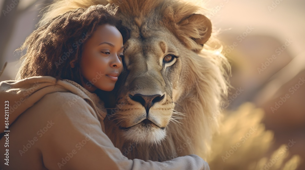 Beautiful African American woman hugging, caring a lion, sunset ...