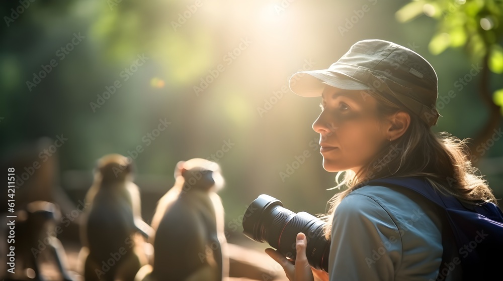 Handsome volunteer woman worker watching rescued monkeys, shooting with ...