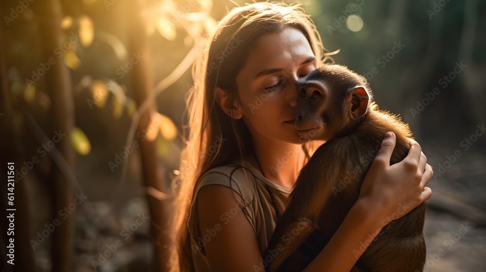 Handsome volunteer woman worker holding a little rescued monkey ...