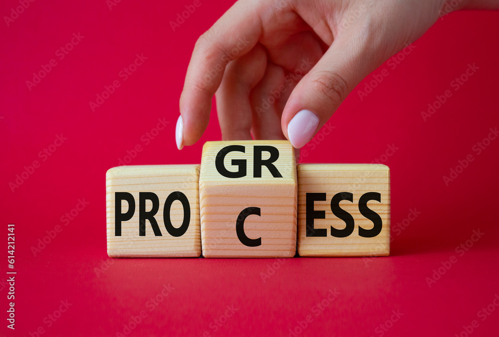Process and Progress symbol. Businessman hand turns wooden cubes and ...