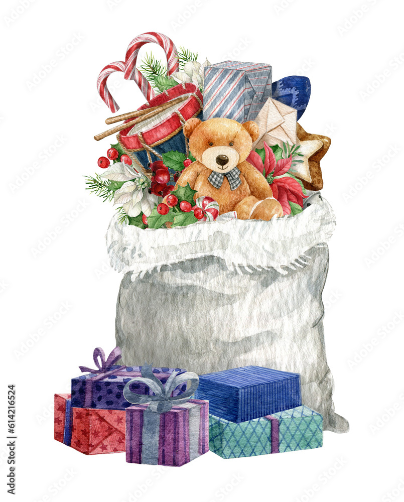 Watercolor hand-drawn Santa sack clipart.Christmas gift bag with toy ...