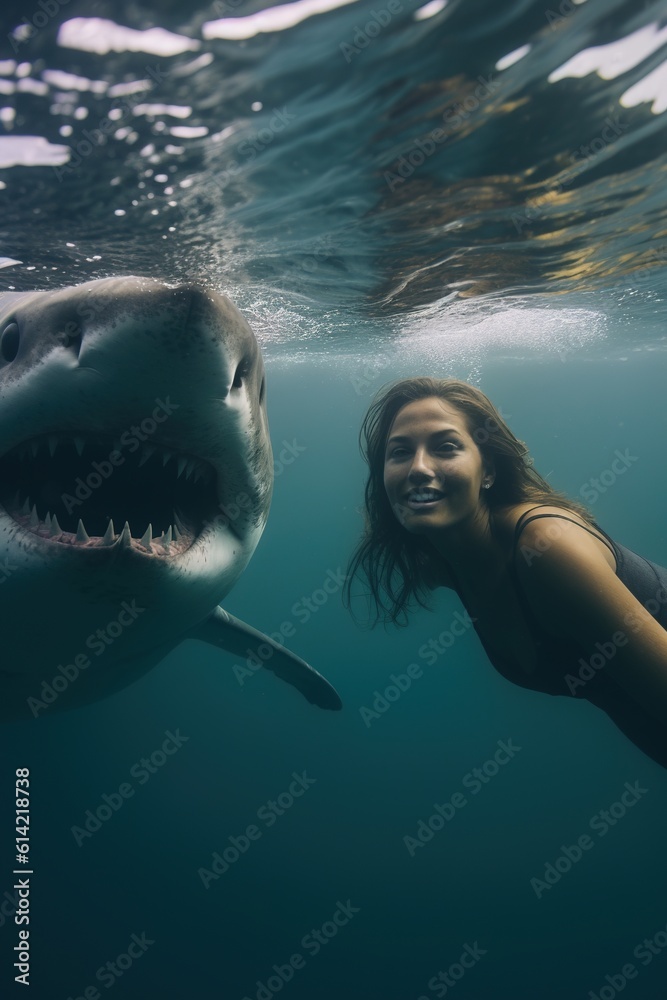 Underwater woman girl apnea diving with a great white shark - dangerous ...