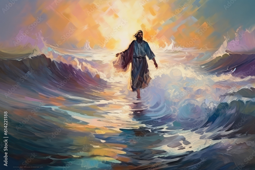 Jesus Christ walking above the wavy sea water, abstract oil painting ...