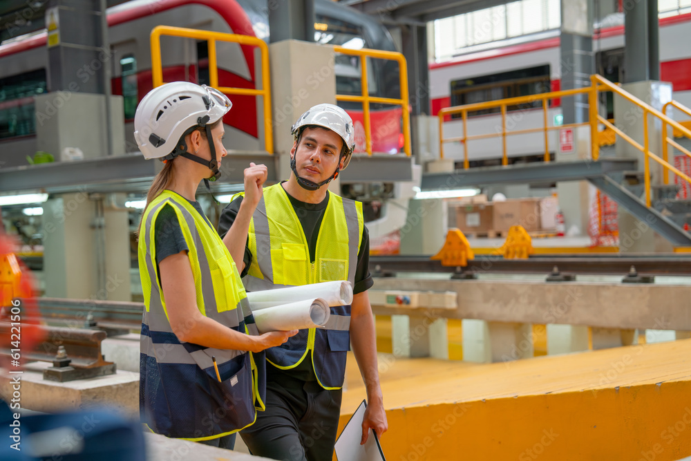 Side view of train factory workers man and woman discuss about work in ...