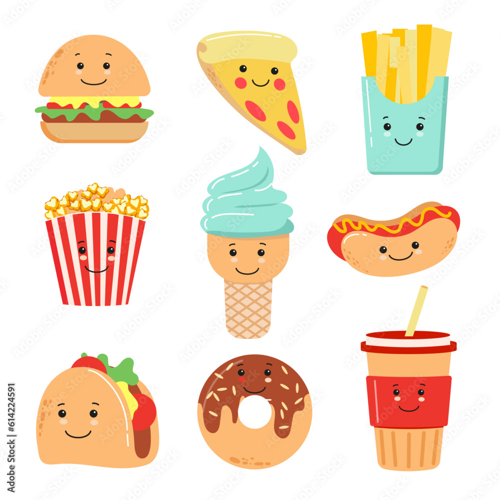 Fast food cute cartoon characters set. Vector collection of french ...