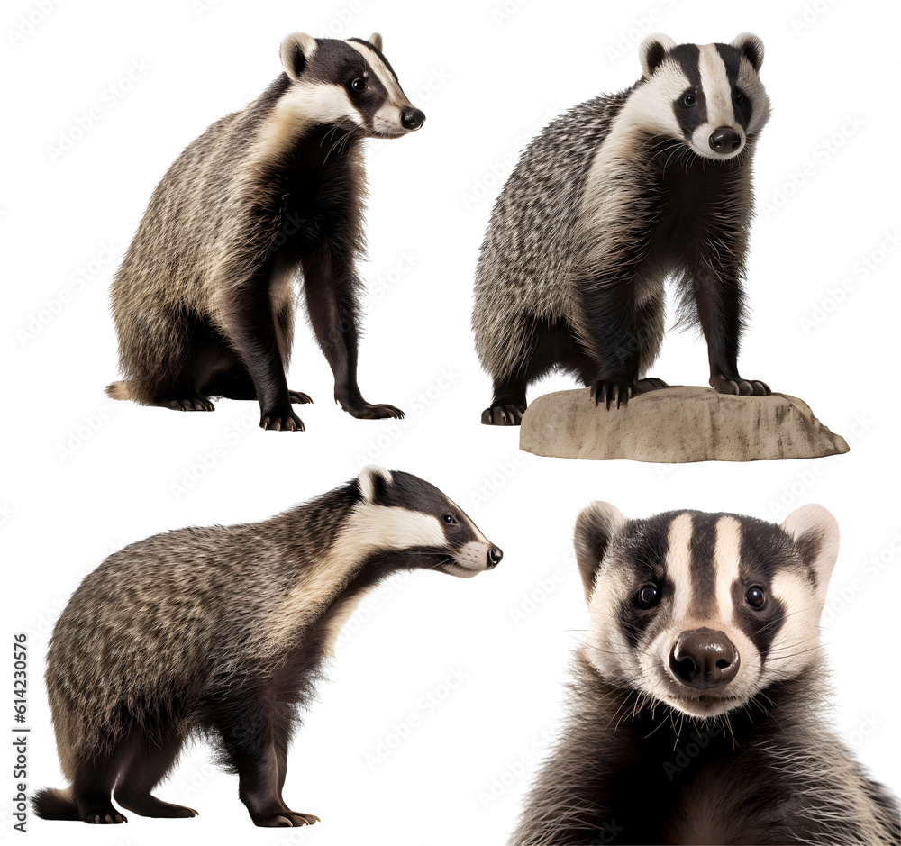 Badger, many angles and view portrait side back head shot isolated on ...