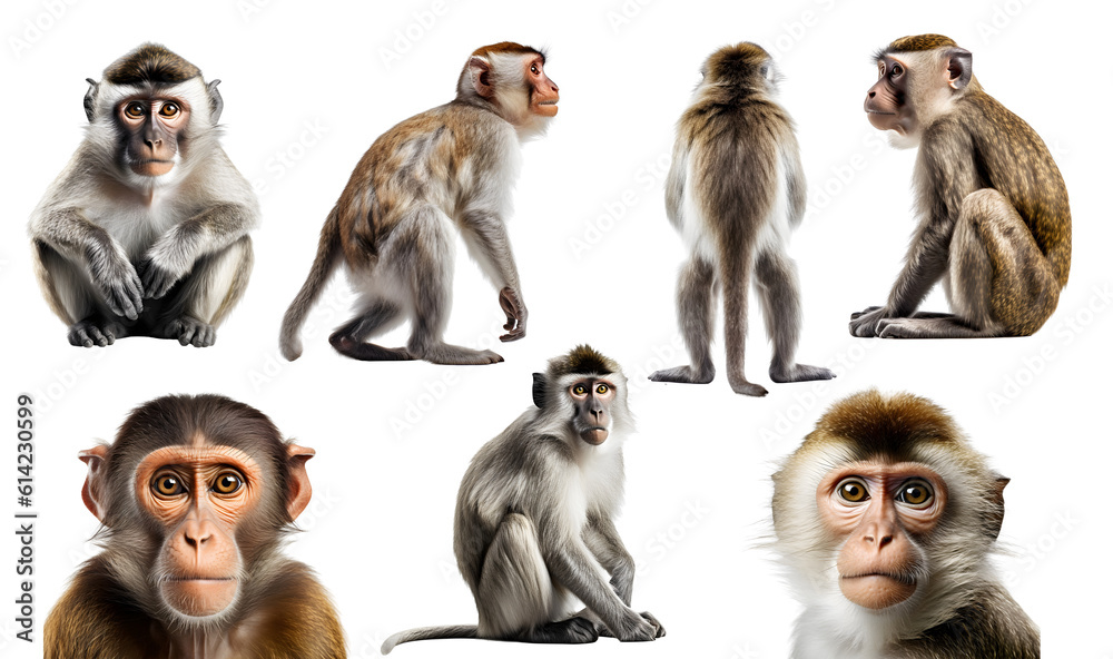 Monkey, many angles and view portrait side back head shot isolated on ...