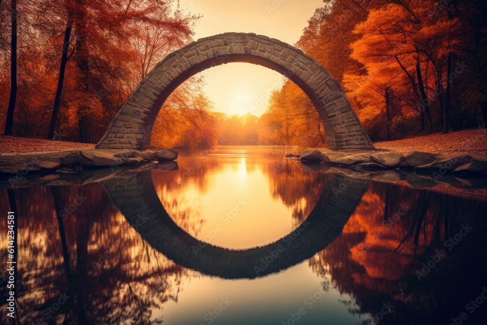 Reflection of a round stone bridge in fall creating a perfect circle ...