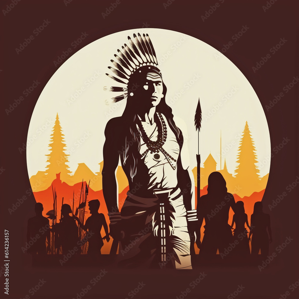 Native American man on forrest background with tribe. Indigenous man ...