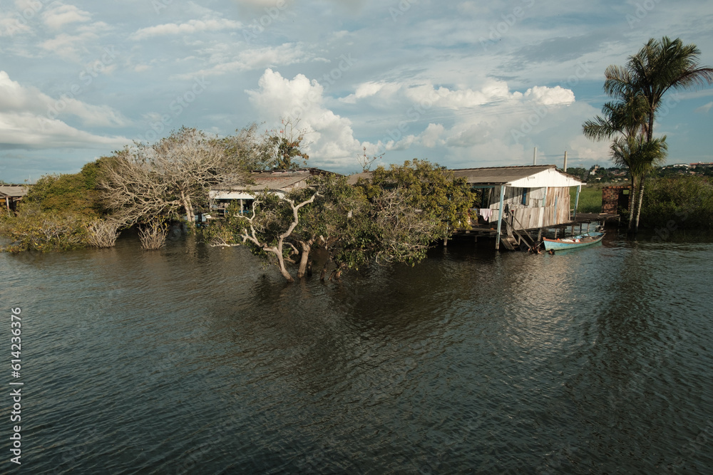 community village town on the amazon river bank isolated tribe Indian ...