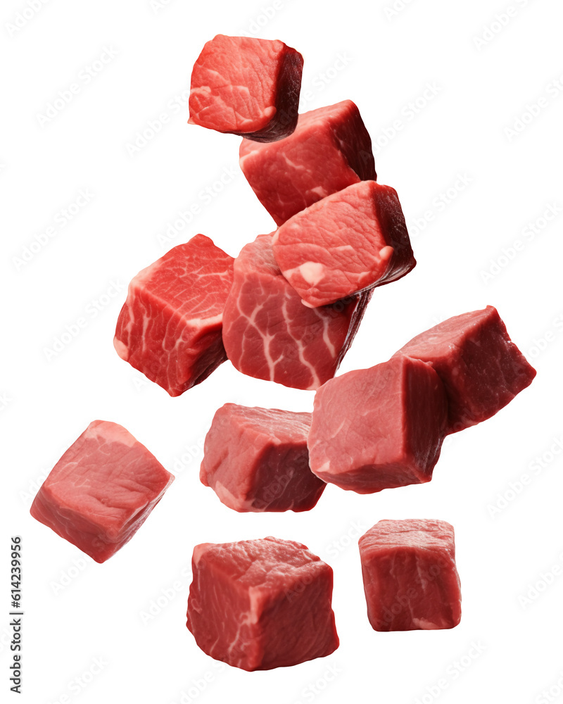 Poster, Foto Falling meat beef cubes isolated on transparent or white ...