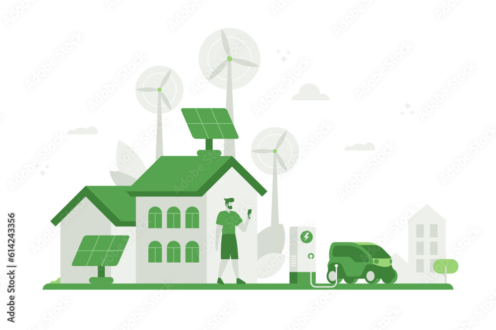 People using eco future technology, renewable energy sources. Cartoon ...