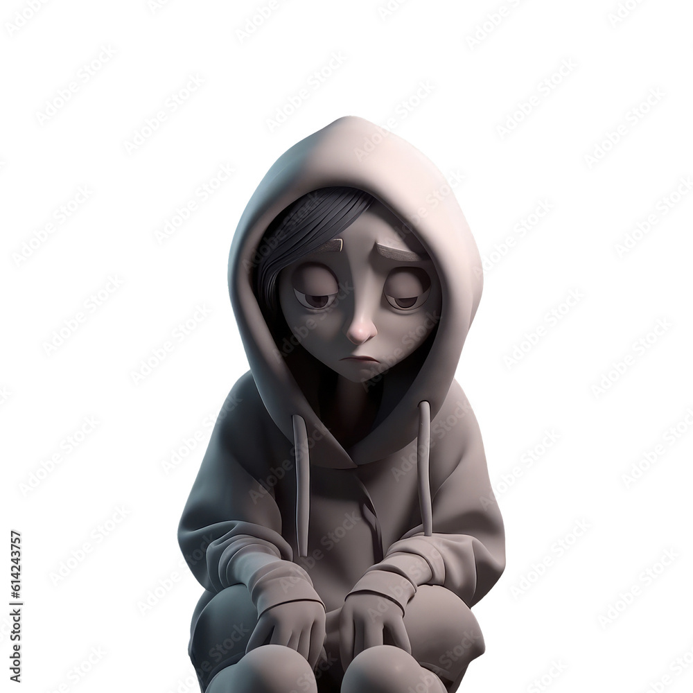 3d icon avatar Sad and lonely teenager girl on the floor her head down ...