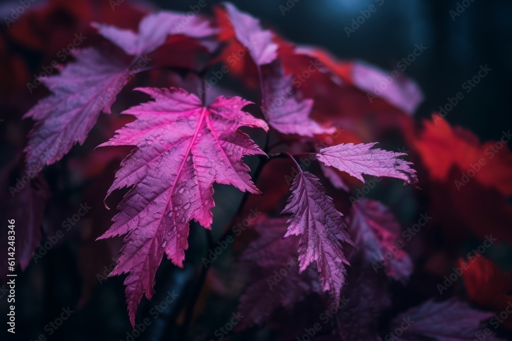 Autumn forest scene: Red and violet spiky leaves with prominent veins ...