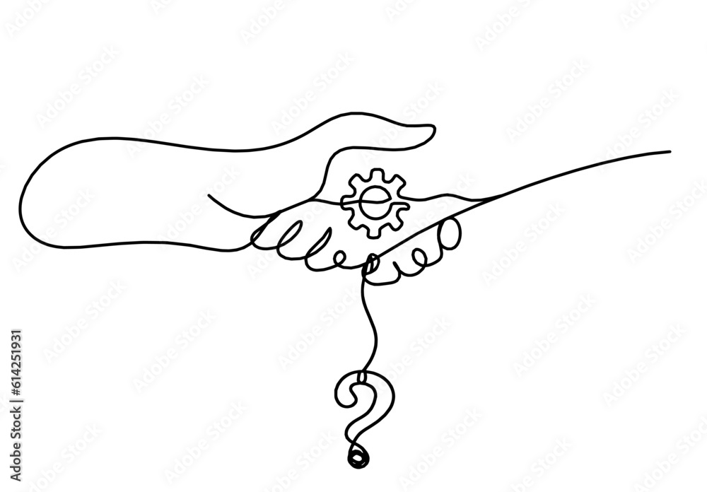 Abstract handshake and question mark as line drawing on white ...