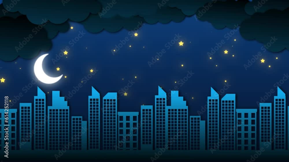 City Landscape Night View With Moon Rising And Blinking Stars Moving In ...
