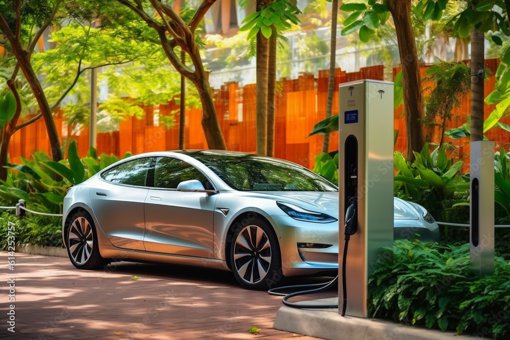Side view of electric vehicle EV hybrid car next to public charging ...