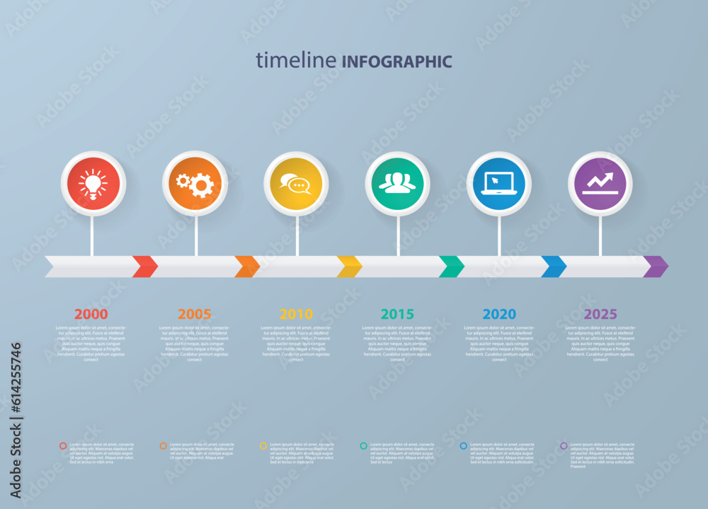 Infographics timeline template with realistic colorful circles for 6 ...