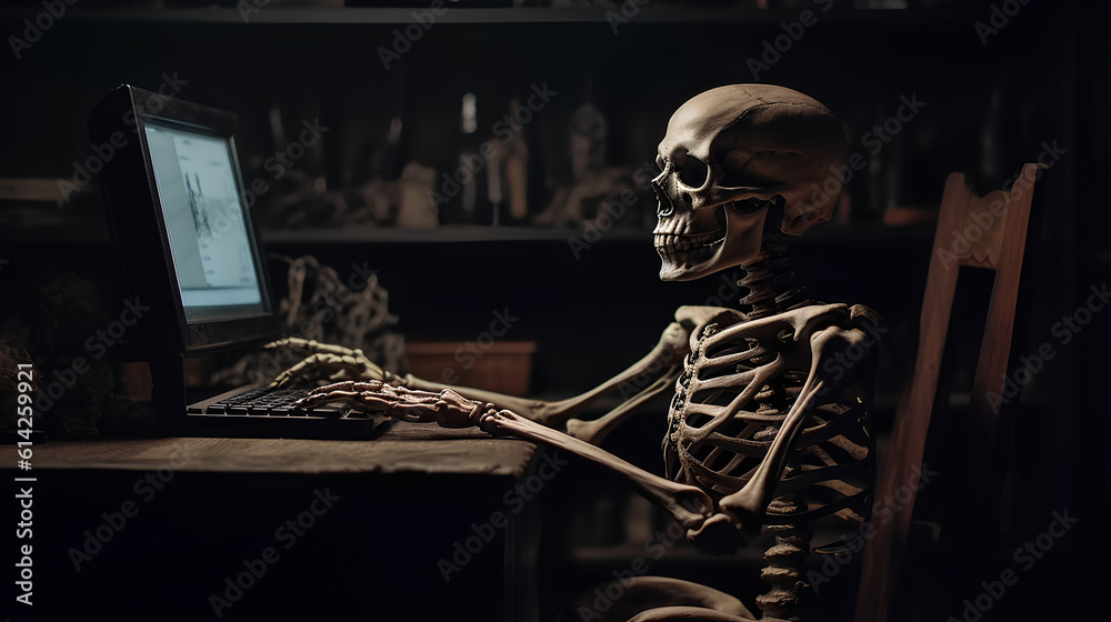A human skeleton sitting on a chair and staring at a computer screen in ...