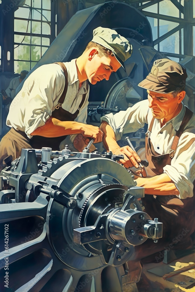 This detailed illustration depicts a scene from a 1930s factory floor ...