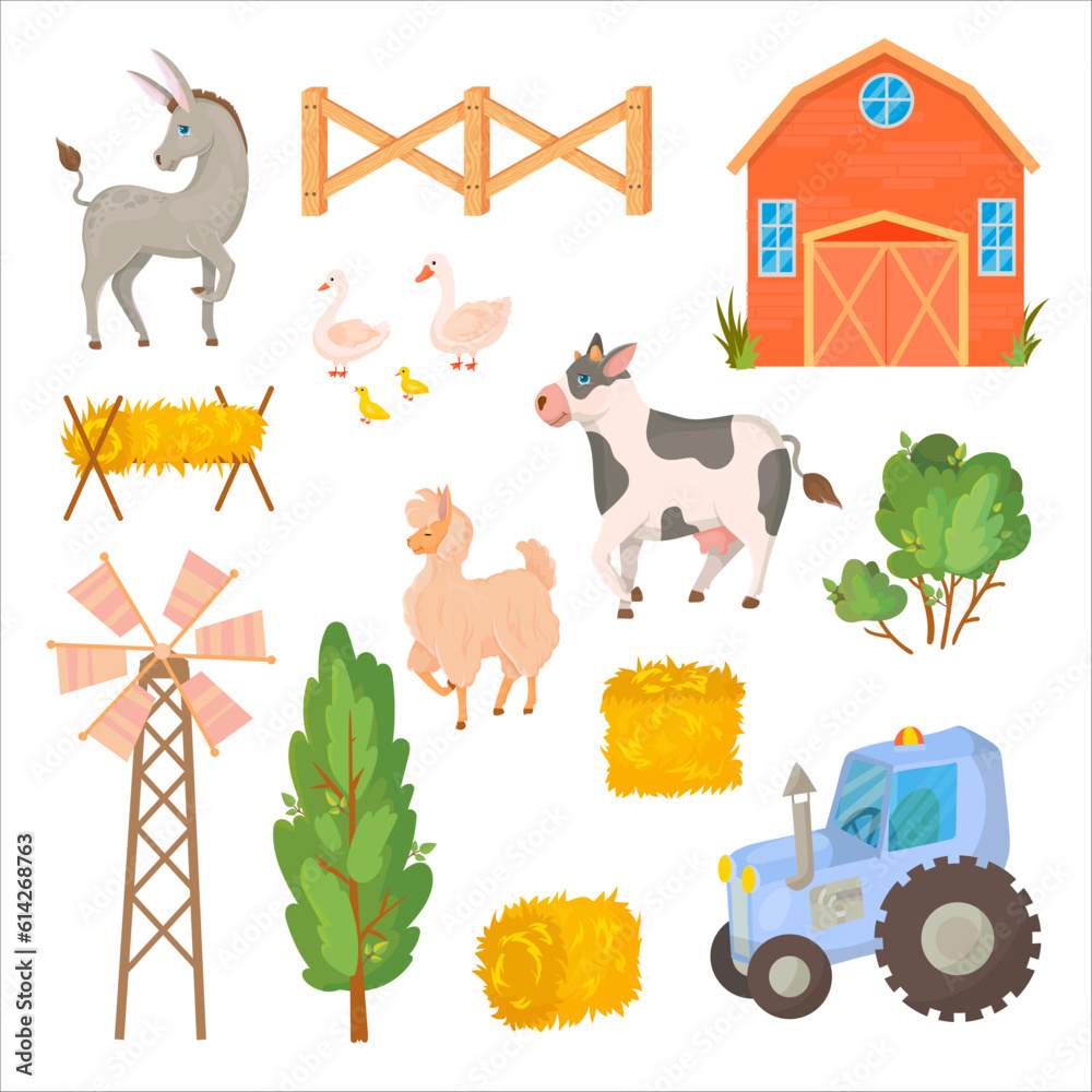 Donkey, Llama or Alpaca, Cow, Goat. Tractor. Farm animals and buildings ...