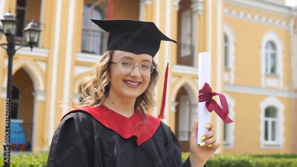 Close up portrait of a happy smiling graduated student girl in black ...