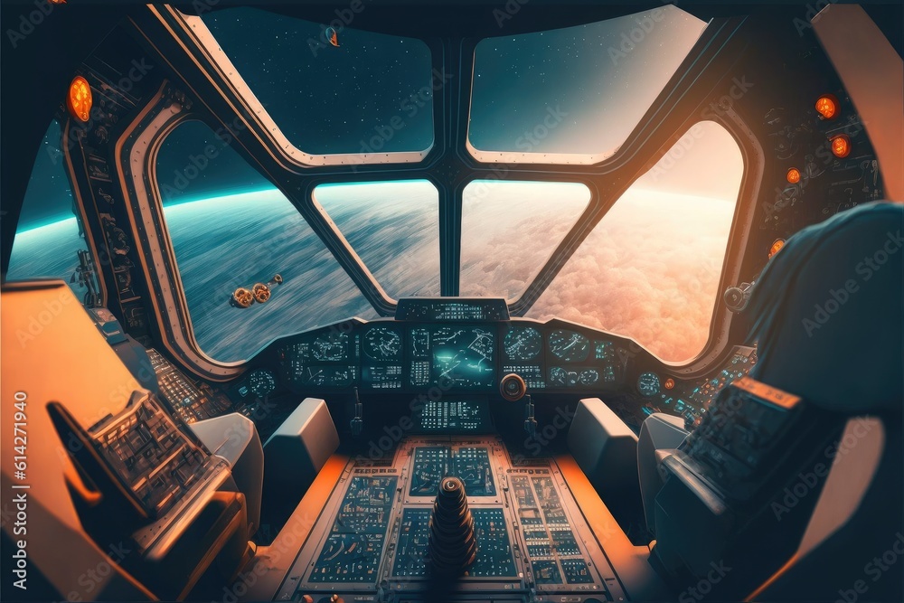 Outer view of cockpit spaceship window with control system room ...