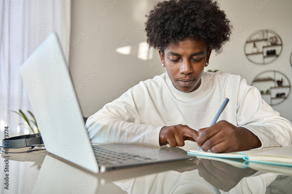 African American teenage boy student using computer watching webinar ...