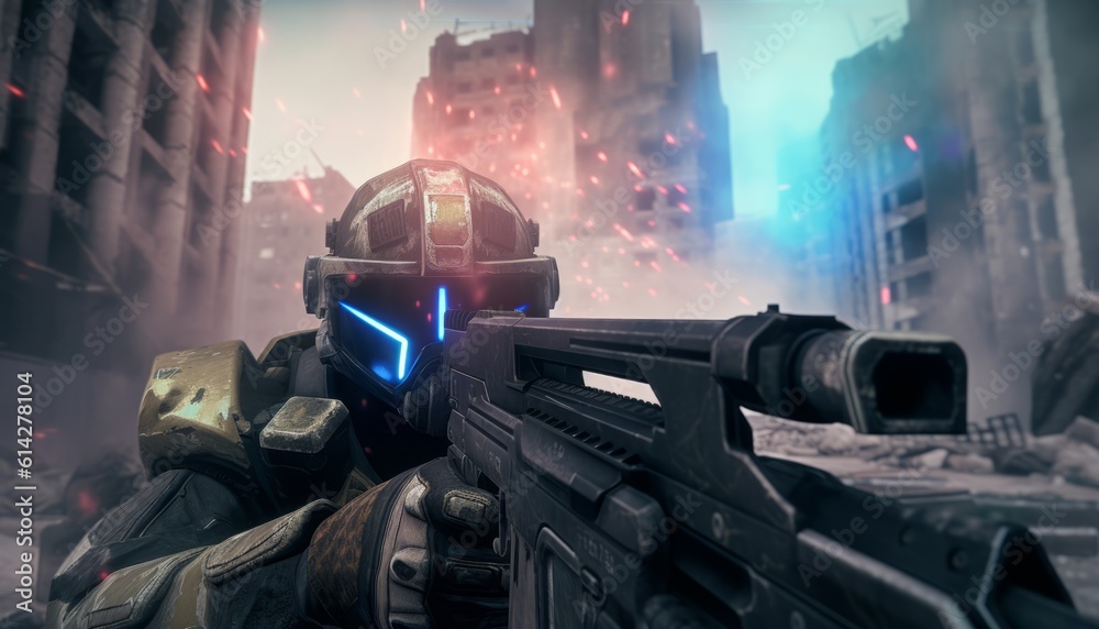 3d render illustration of sci-fi first person shooter game with soldier ...