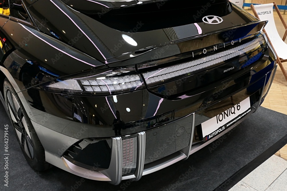 Back side of modern korean battery electric mid-size fastback sedan ...