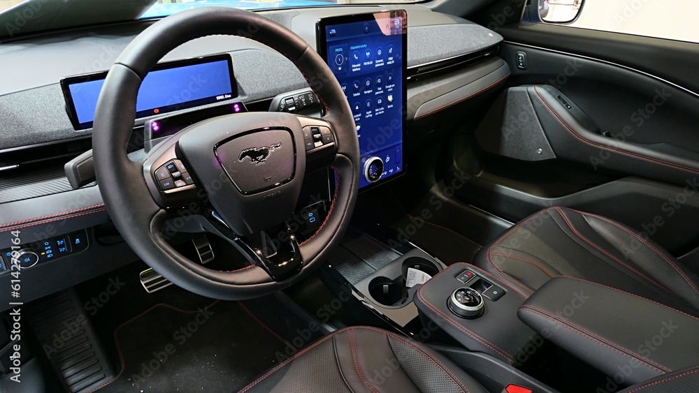 Driver cockpit, dashboard and driving wheel of modern american compact ...