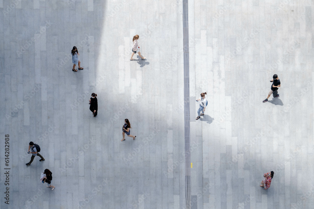 Top view crowd of people walks on a business street pedestrian in the ...