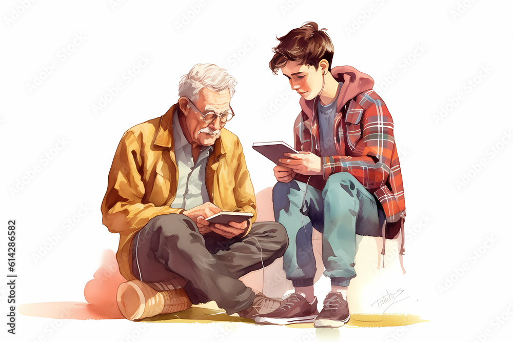 An heart warming illustration portraying a teenager teaching an elderly ...