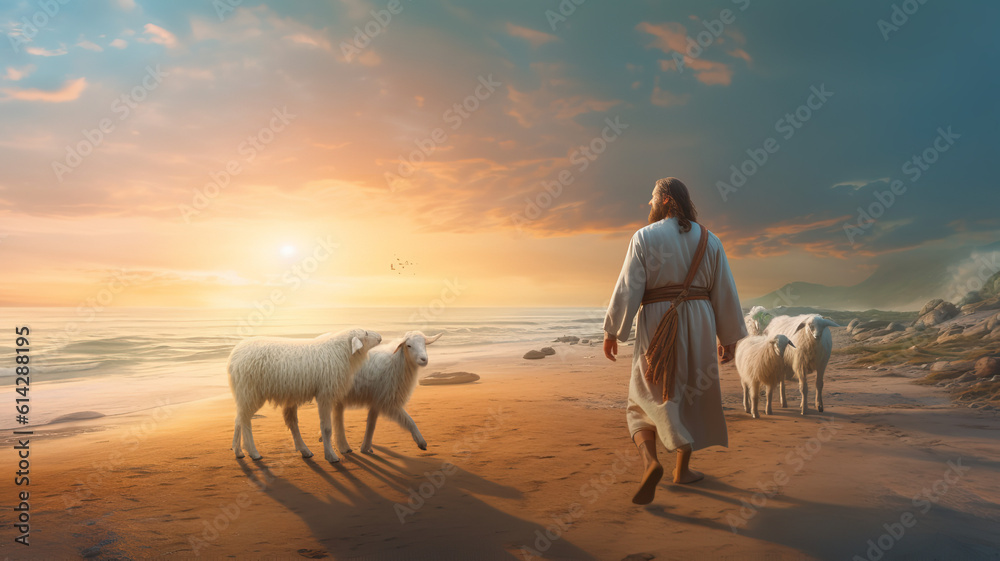 Jesus on the beach with his goats, religious art Stock Illustration ...