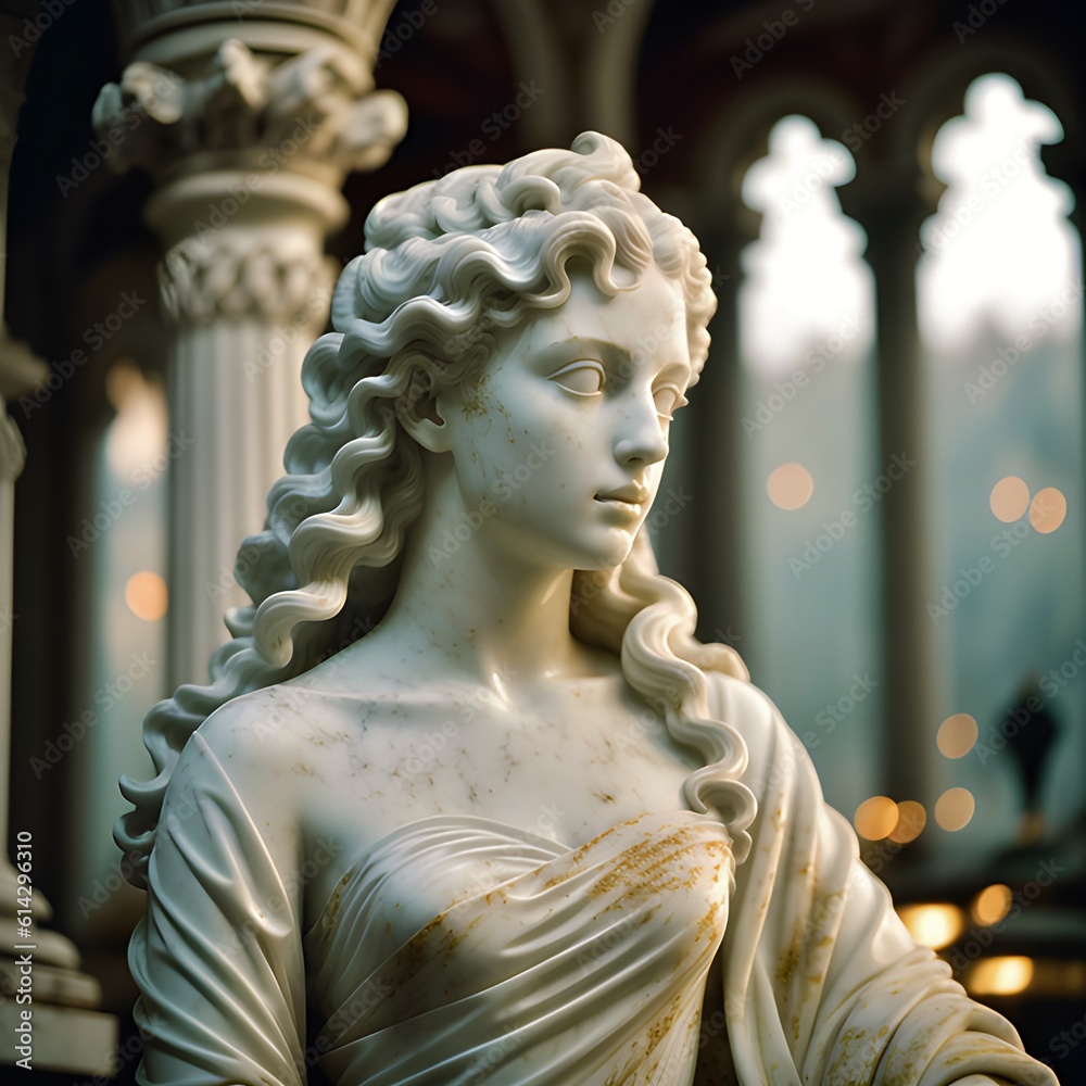 Image of a white marble statue of a young woman with alabaster skin ...