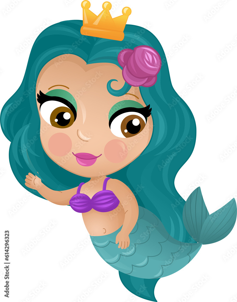 cartoon scene with mermaid princesss wimming near coral reef isolated ...