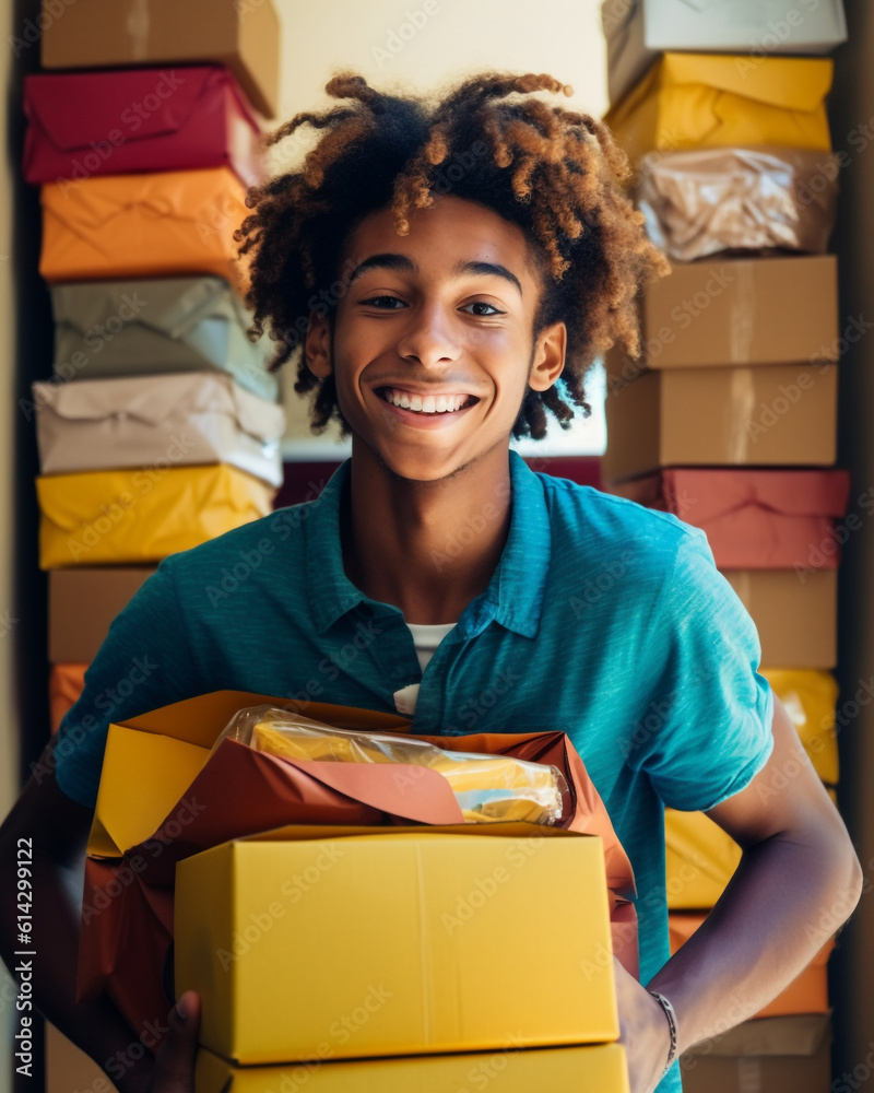 Young Afro descendant student packs for campus move. Exciting removal ...