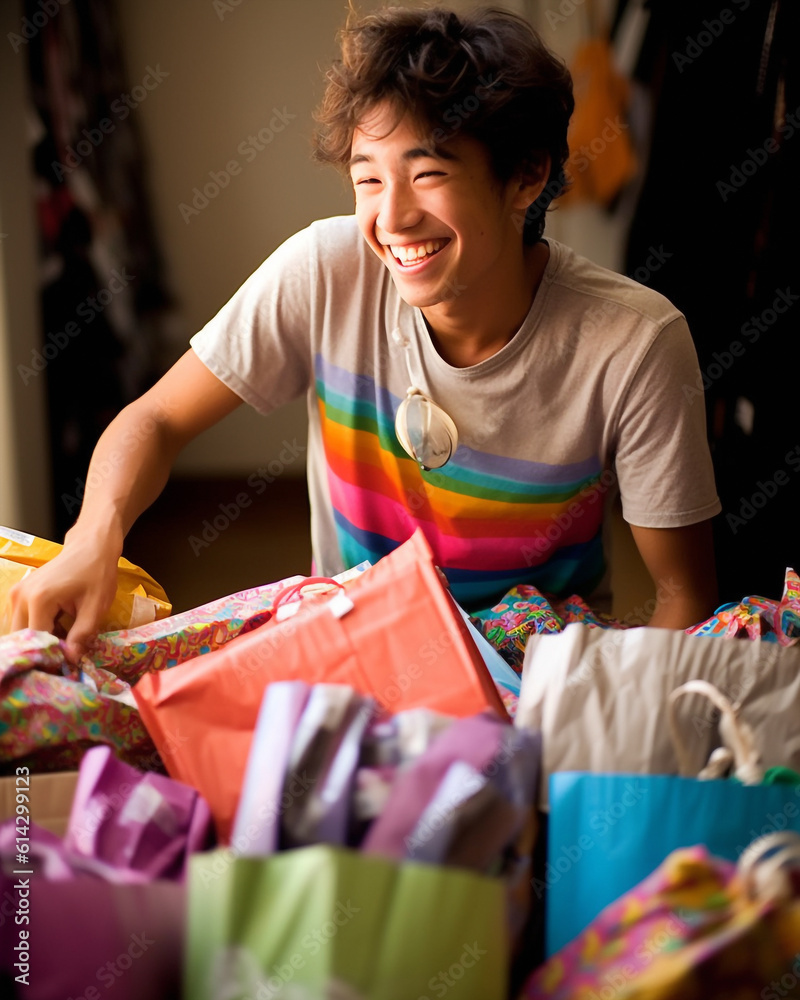 Young asian american student packs for campus move. Exciting removal ...